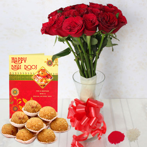 Send Lovely Red Rose Vase with Dryfruit Laddoo (250gm) Online ...