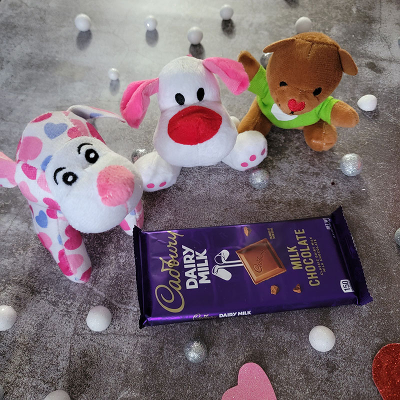 Send Dairy Milk with Three Soft Toys Gift for Valentines Day Online - VL23-110238 | Giftalove