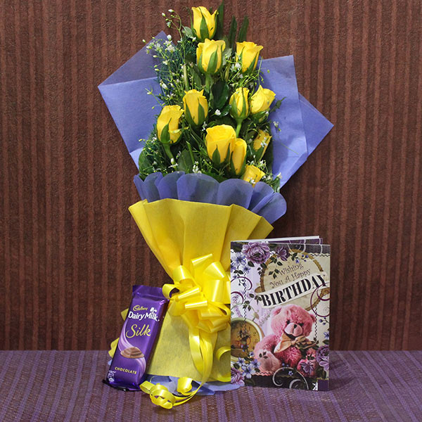 Send Yellow Rose Bunch with Chocolates & Greeting Card Online ...