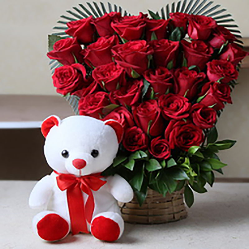 Send Stunning Red Roses Basket with Teddy Online - GAL23-110499 | Giftalove